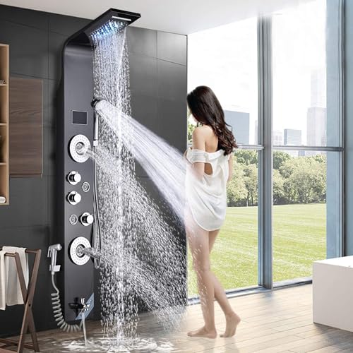 Shower Panel Tower System with LED Lights, 5 in 1 Rainfall Waterfall ...
